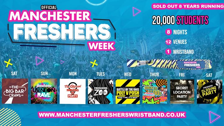 Official Manchester Freshers Week Wristband 2020 – Festival Flyer